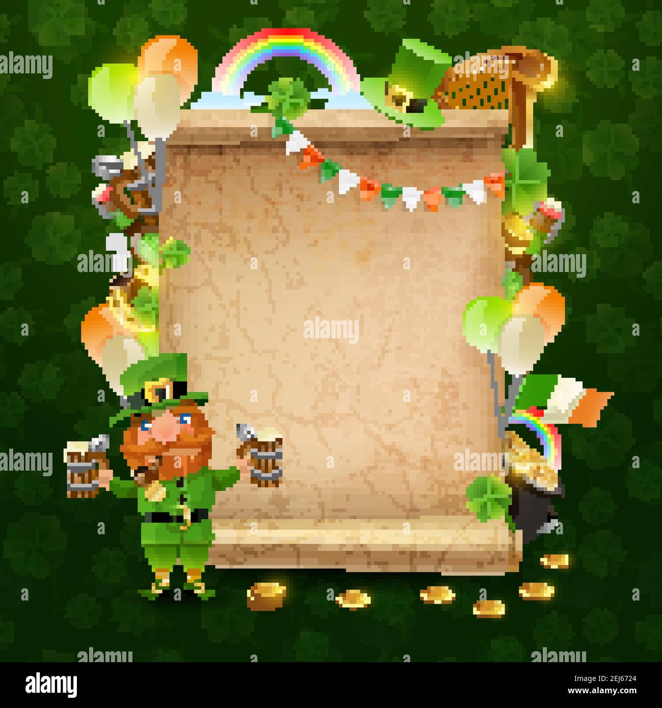 St patricks day scroll frame with leprechaun, beer, rainbow, harp ...