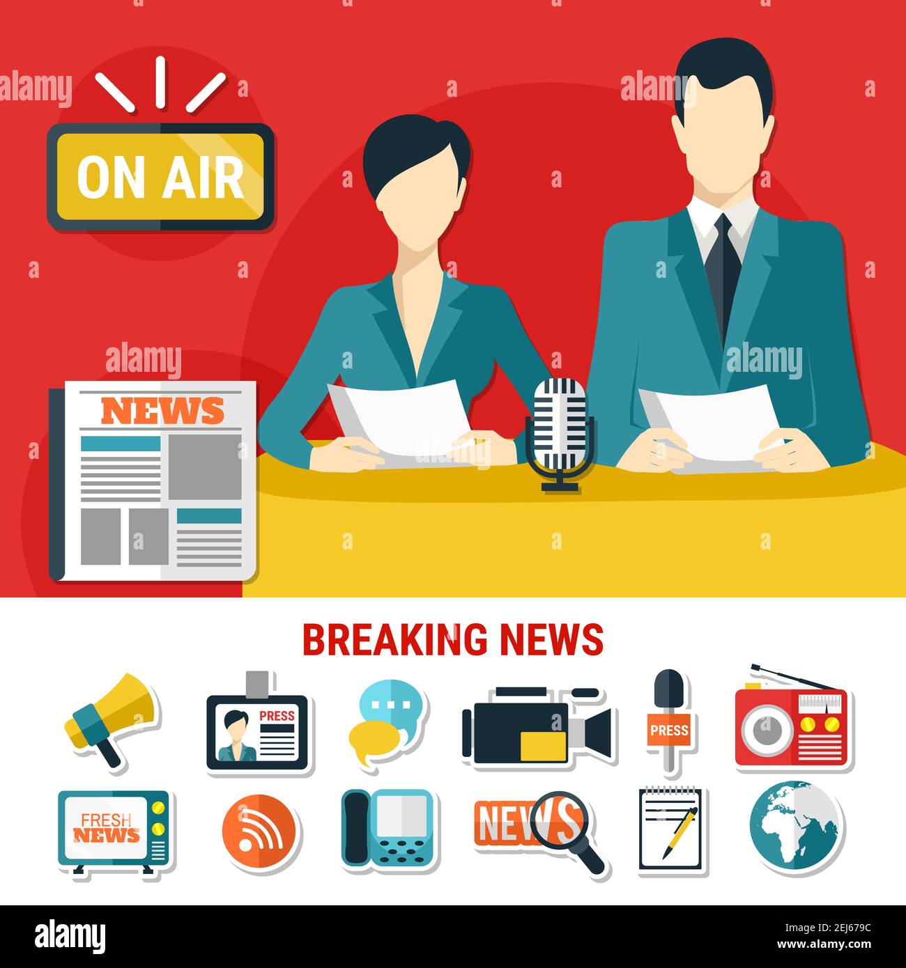 Breaking news design concept with television announcers on air and set ...