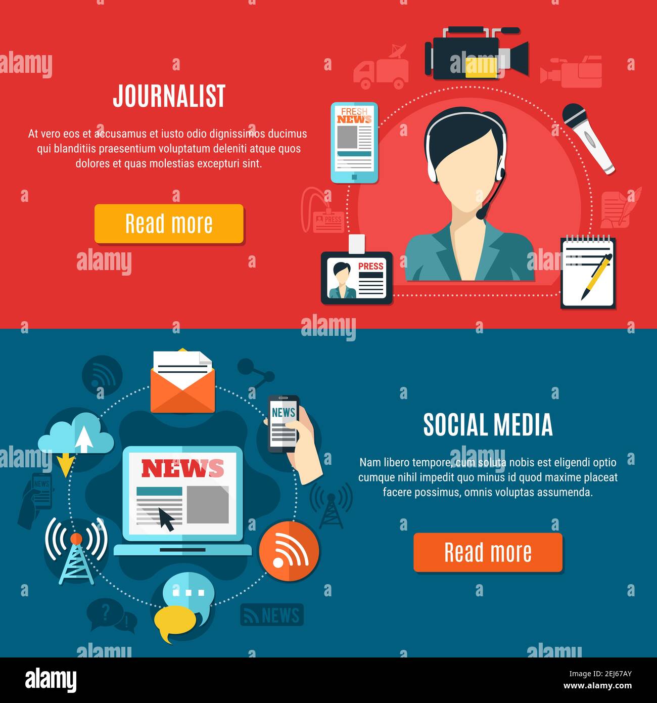 Social media and journalist horizontal banners with professional ...
