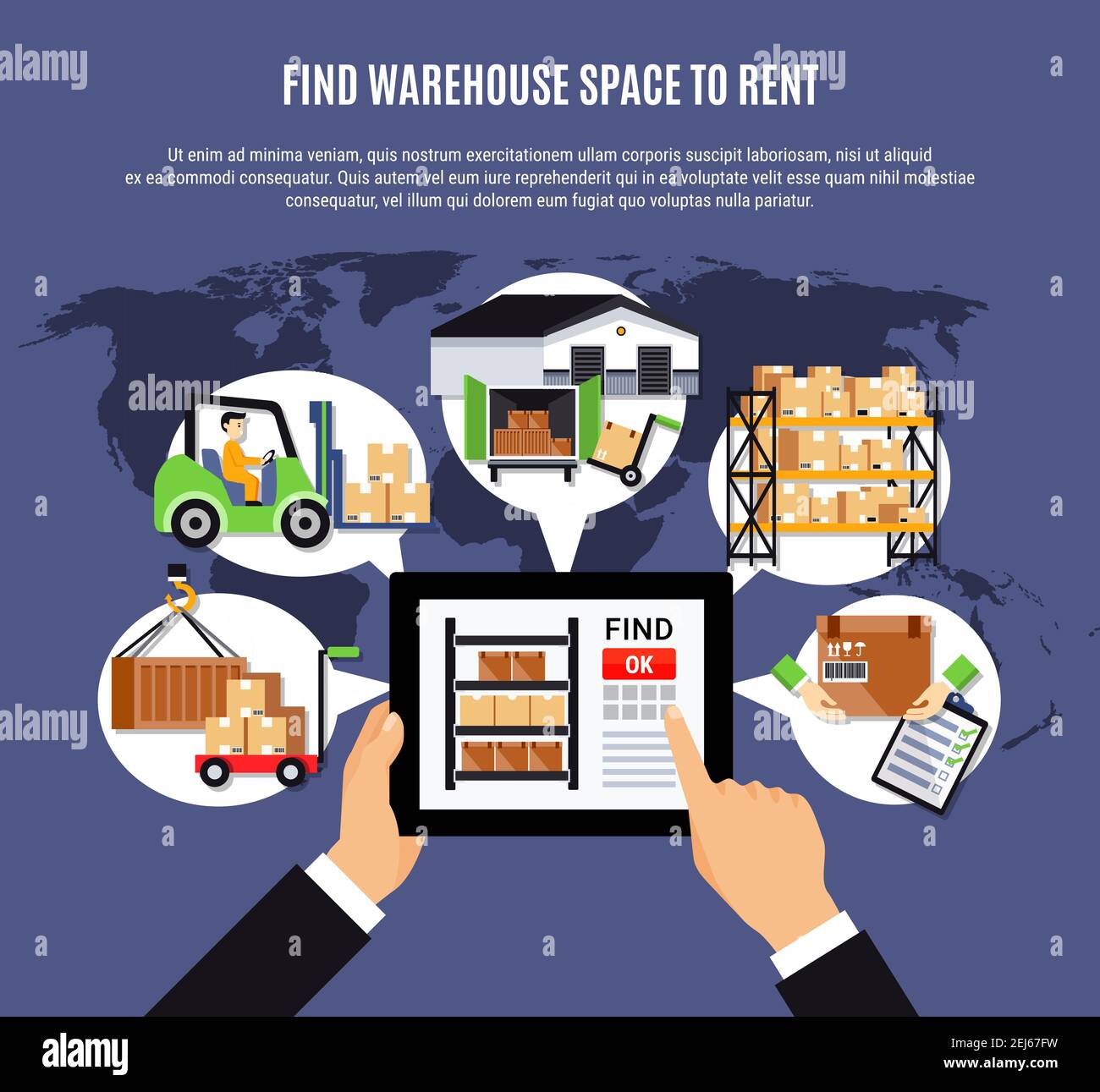 Online search of warehouse for rent composition on blue background with ...