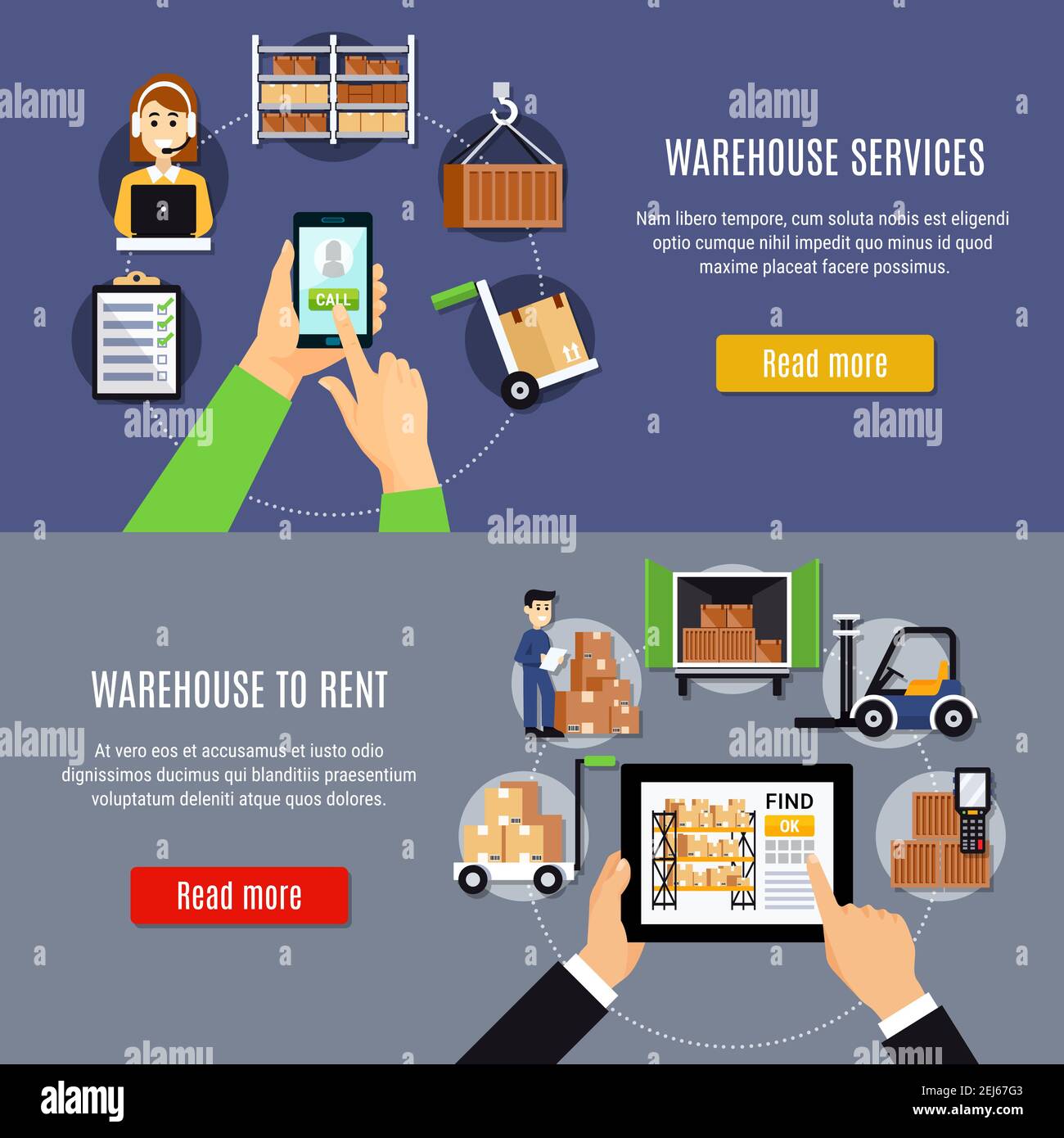 Set of horizontal banners with warehouse services and search of ...