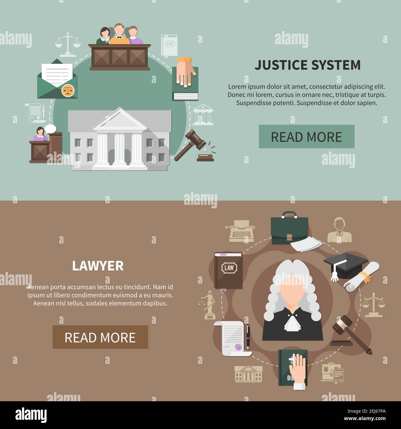 Two horizontal law banners with images of judicial items court house ...