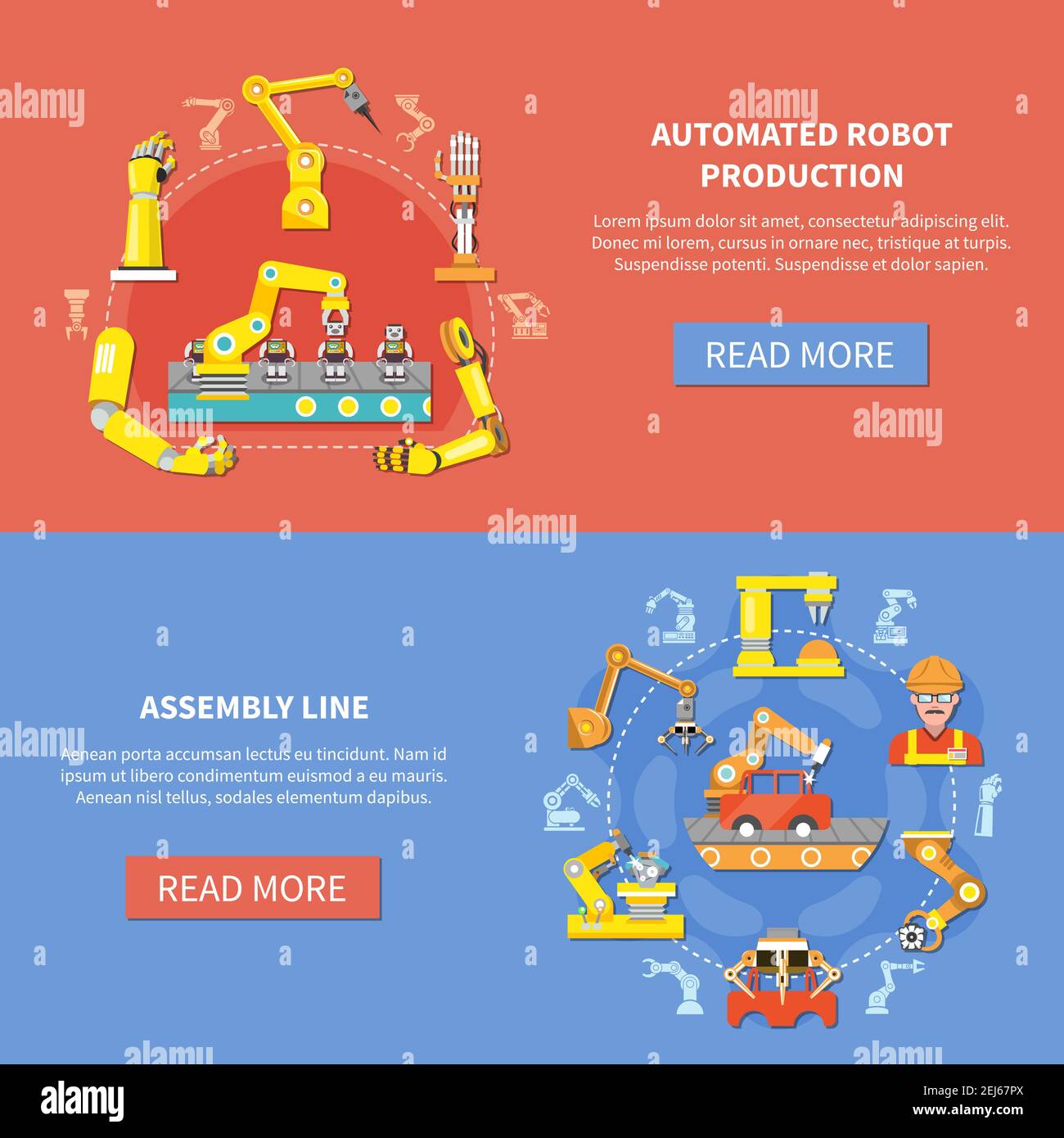 Two colored horizontal robotic arm banner set with automated robot ...