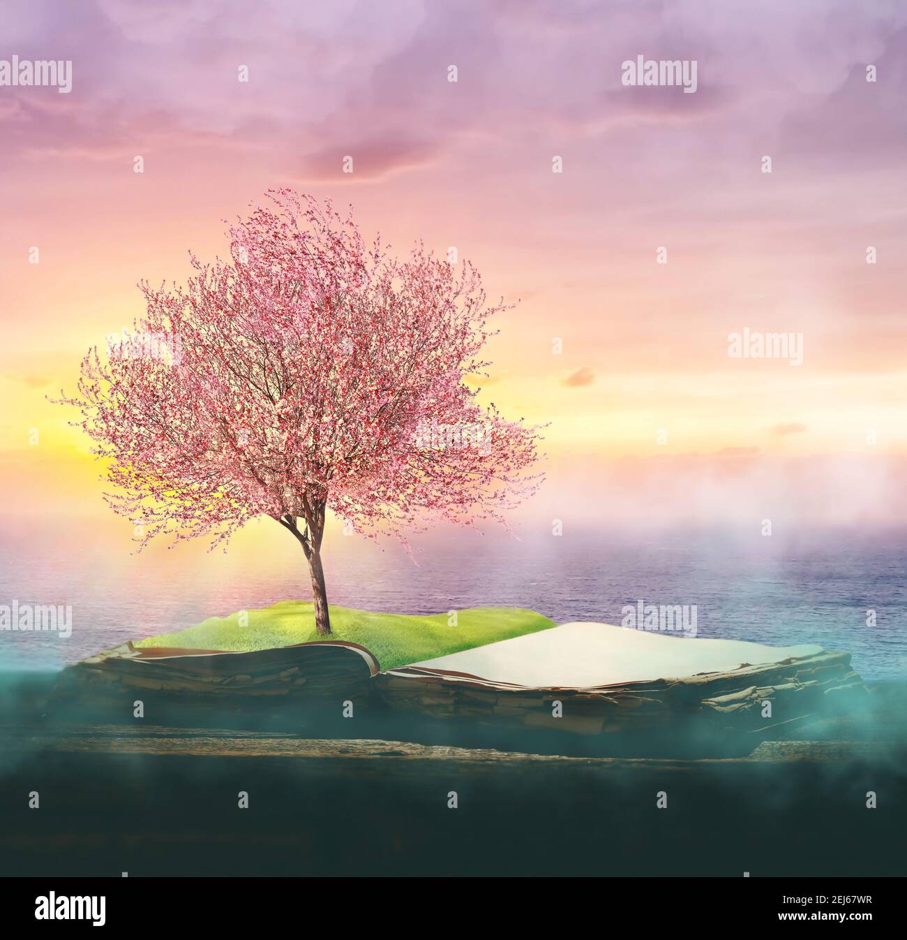 Open magic book with growing spring tree near sea in beautiful morning ...