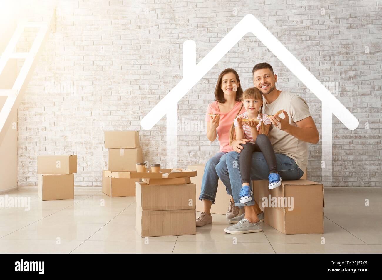 Happy family with cardboard boxes in their new house Stock Photo - Alamy
