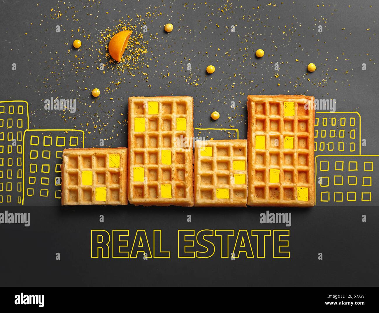 Buildings made of waffles on black background. Concept of real estate ...
