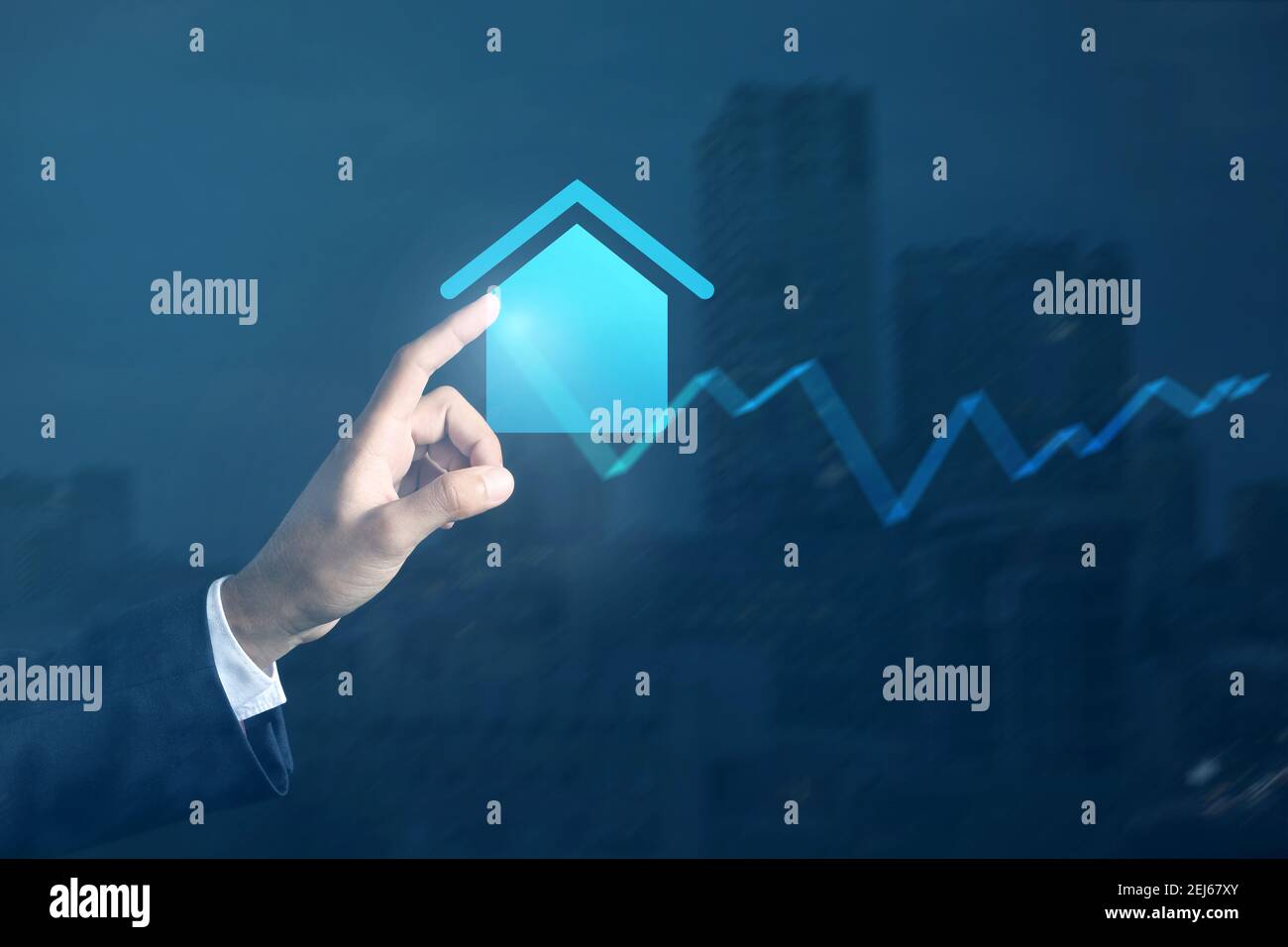 Young real estate agent using virtual screen on dark background Stock ...