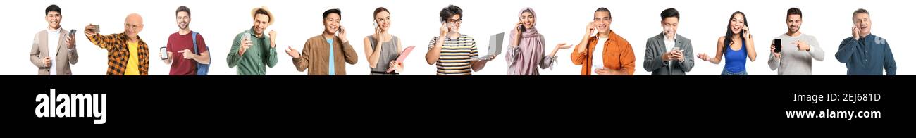 Collage of different people using mobile phones on white background ...