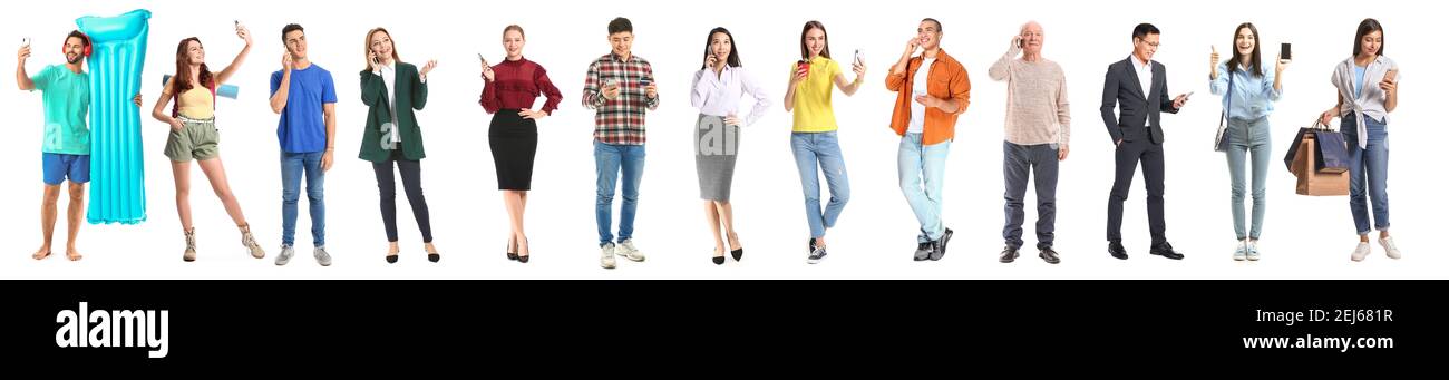 Collage of different people using mobile phones on white background ...