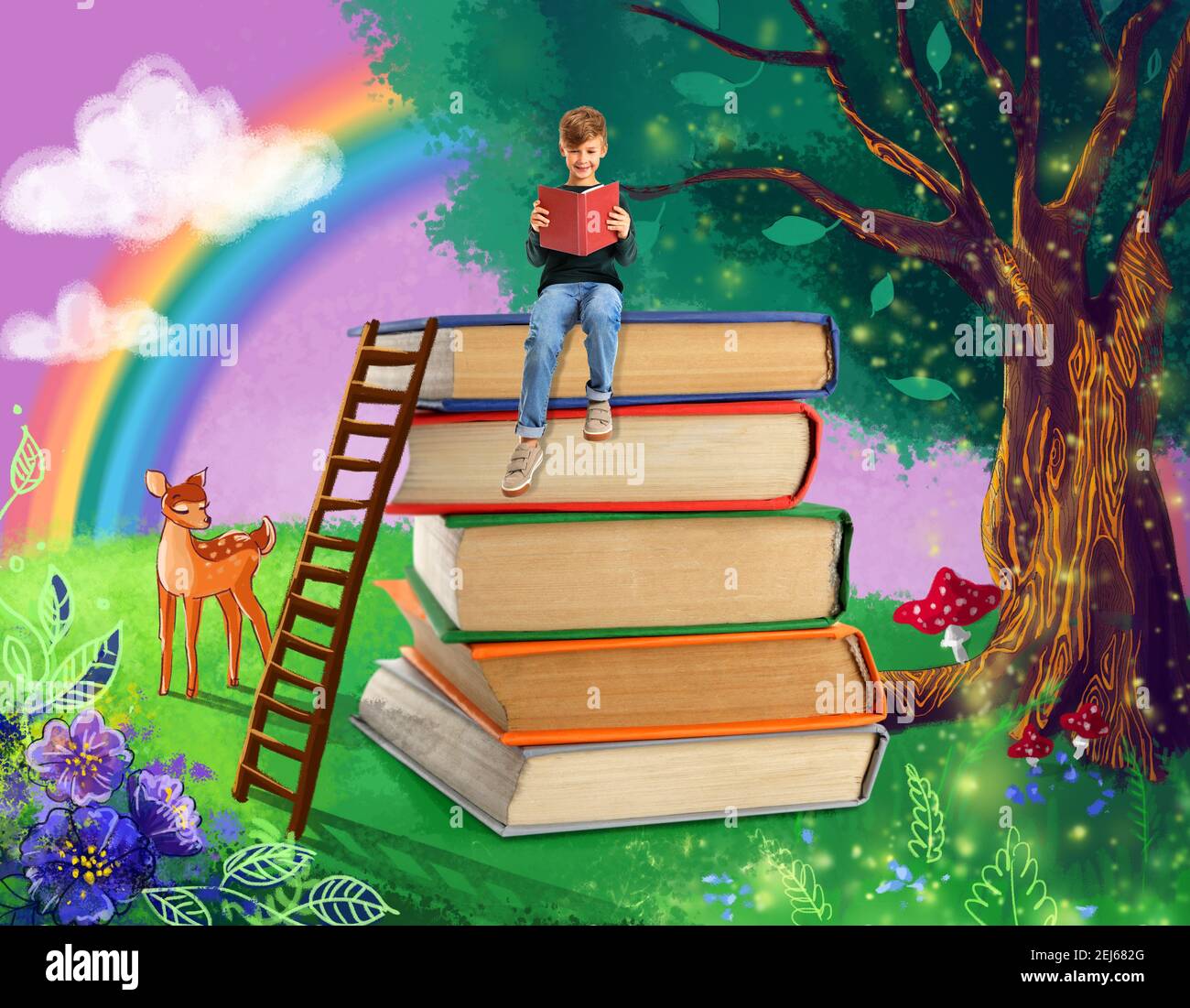 Little boy sitting on stack of books in wonderland Stock Photo - Alamy