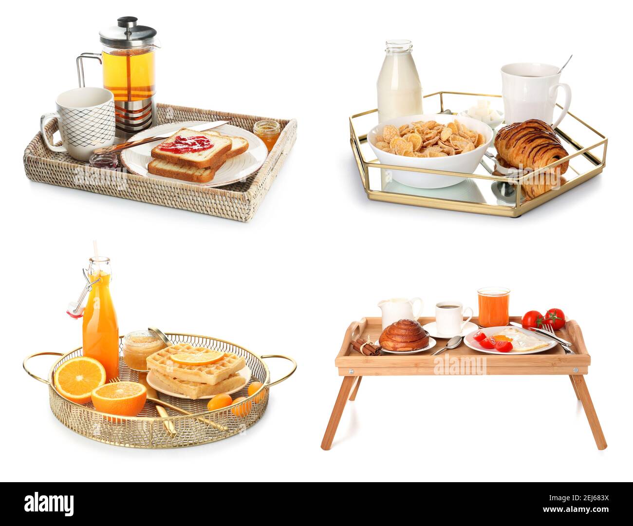 Different trays with tasty breakfasts on white background Stock Photo ...