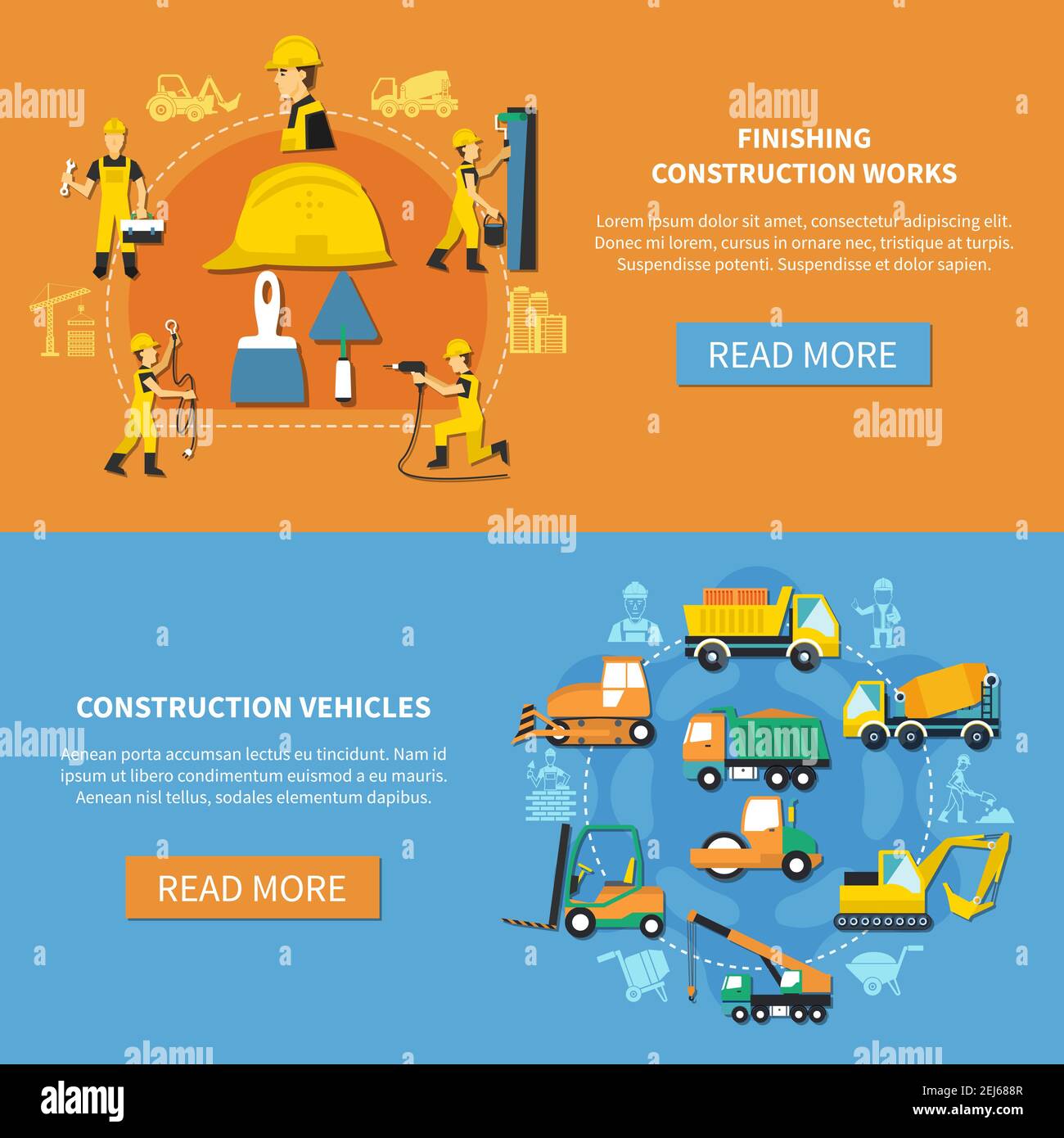 Orange and blue horizontal construction worker banner set with ...