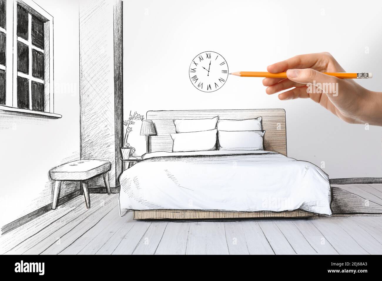 Designer drawing new interior of bedroom Stock Photo - Alamy