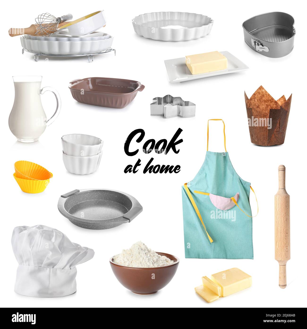 Set of kitchen utensils for bakery and products on white background ...