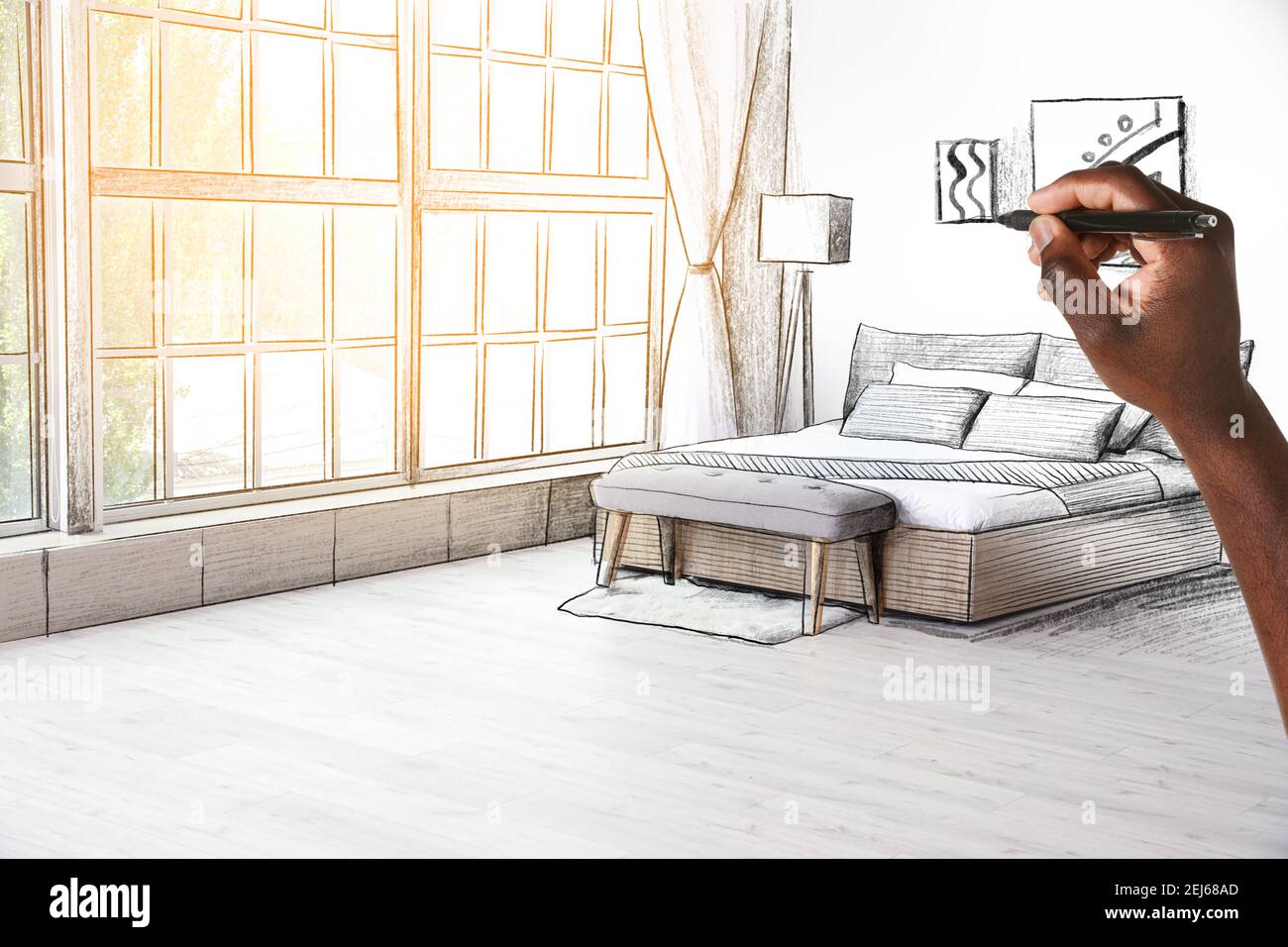 Designer drawing new interior of bedroom Stock Photo - Alamy