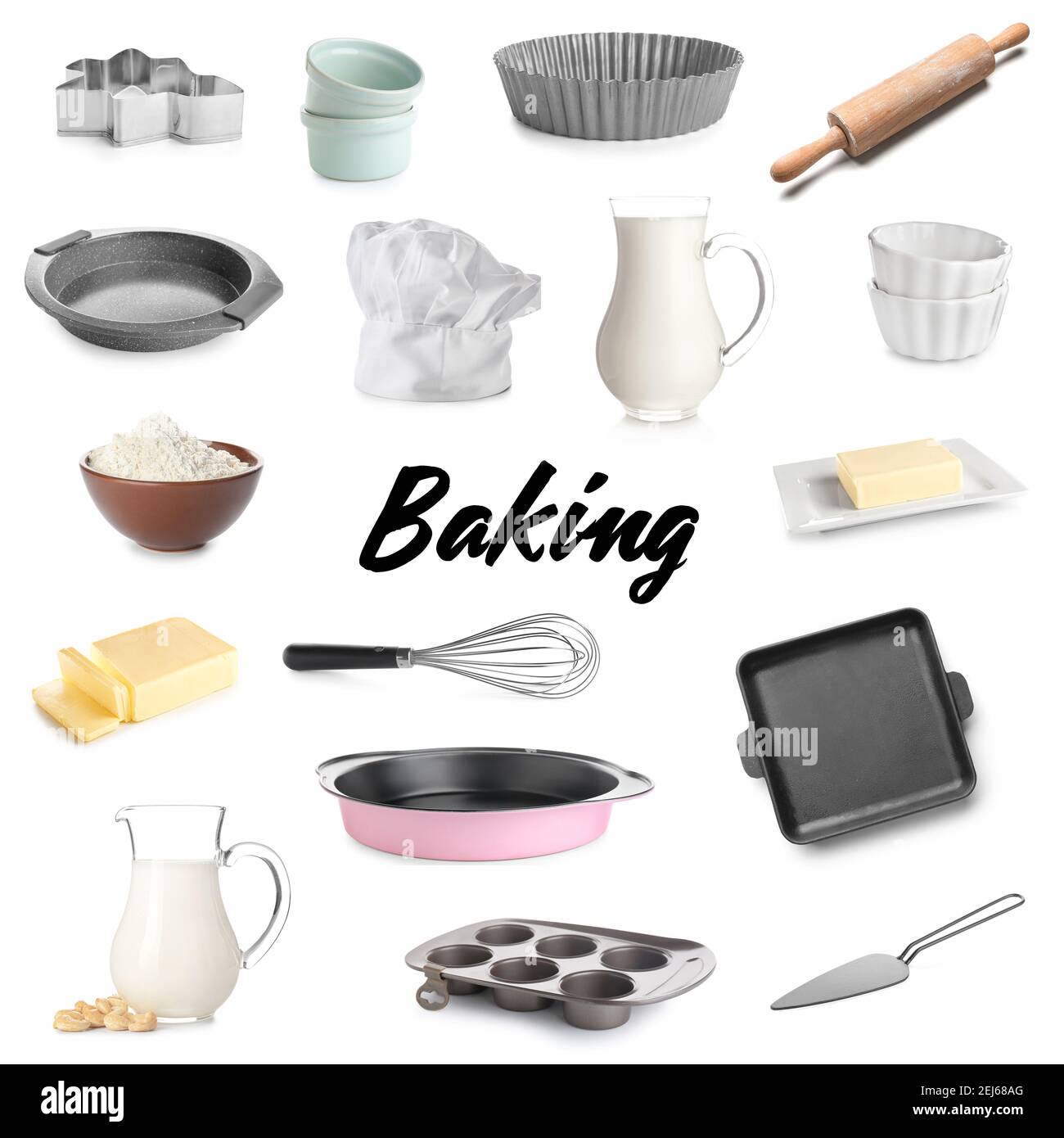 Set of kitchen utensils for bakery and products on white background ...