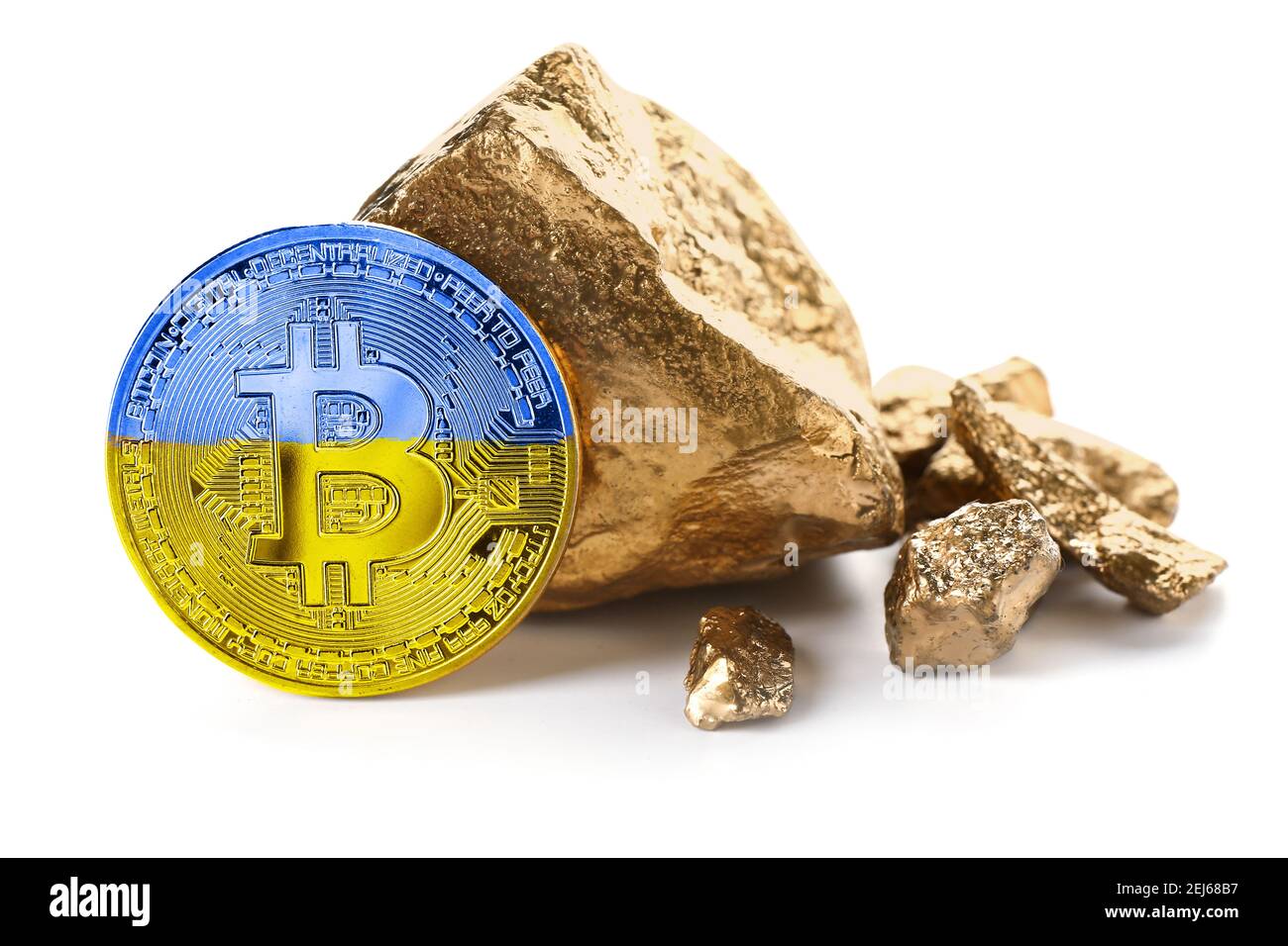 Bitcoin painted in blue-and-yellow colors with gold nuggets on white ...