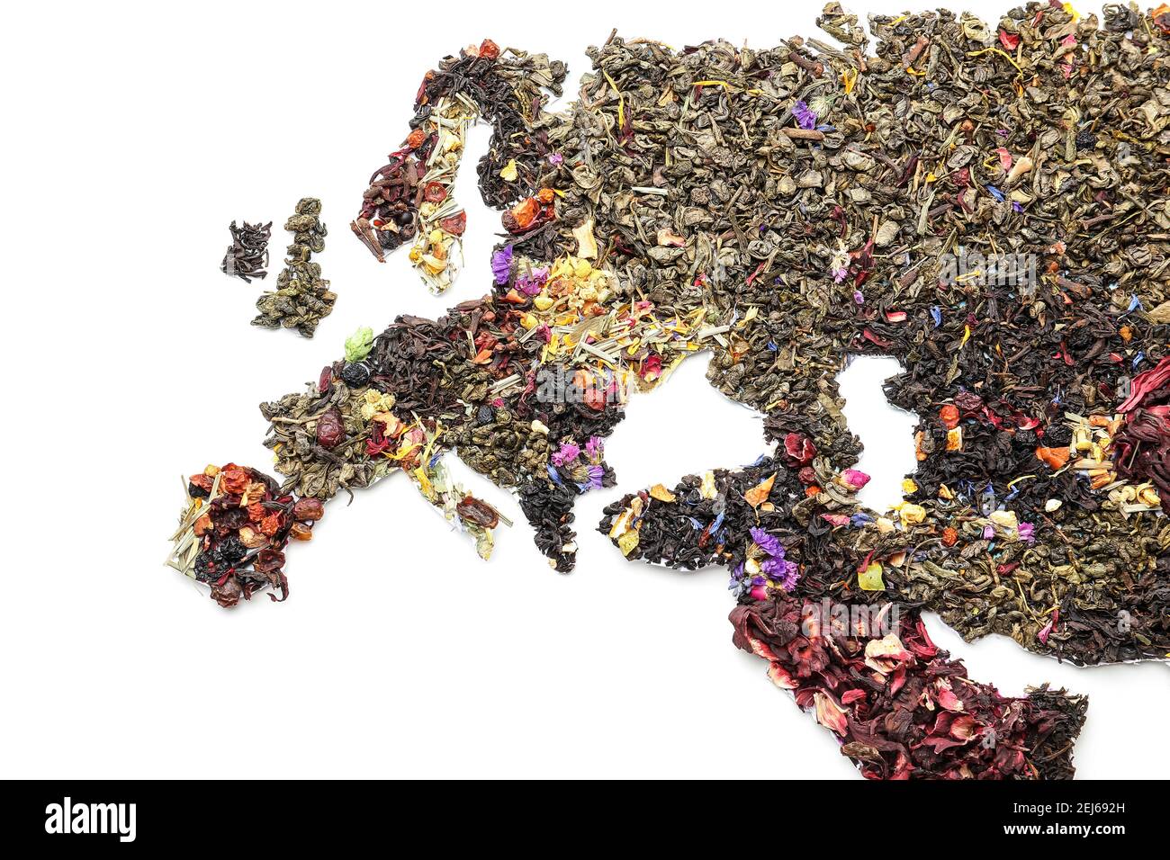World map made of different sorts of tea on white background Stock ...