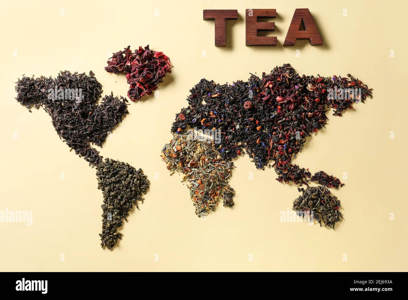 World map made of different sorts of tea on color background Stock ...