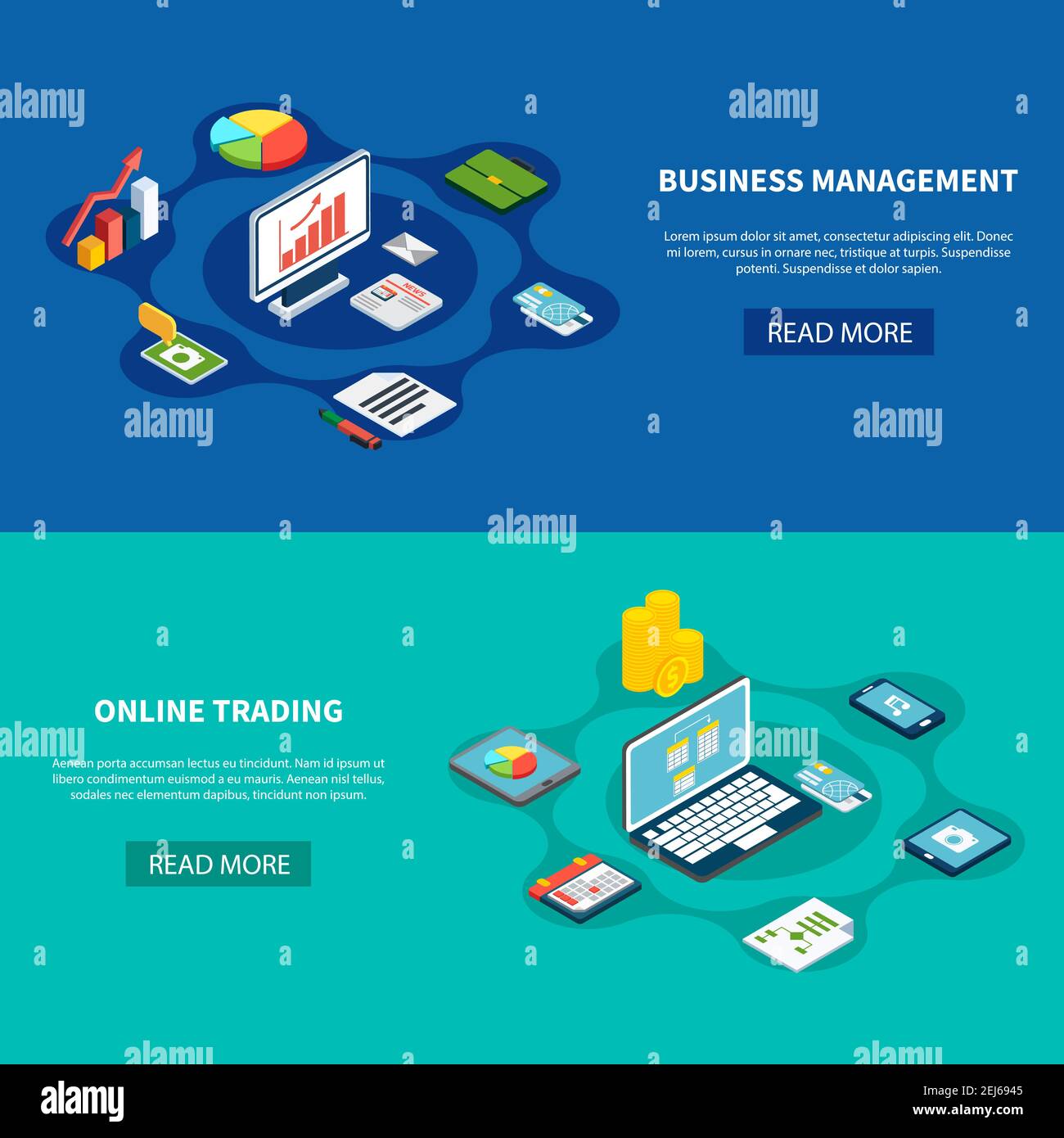 Data isometric banners collection with text read more button and online ...