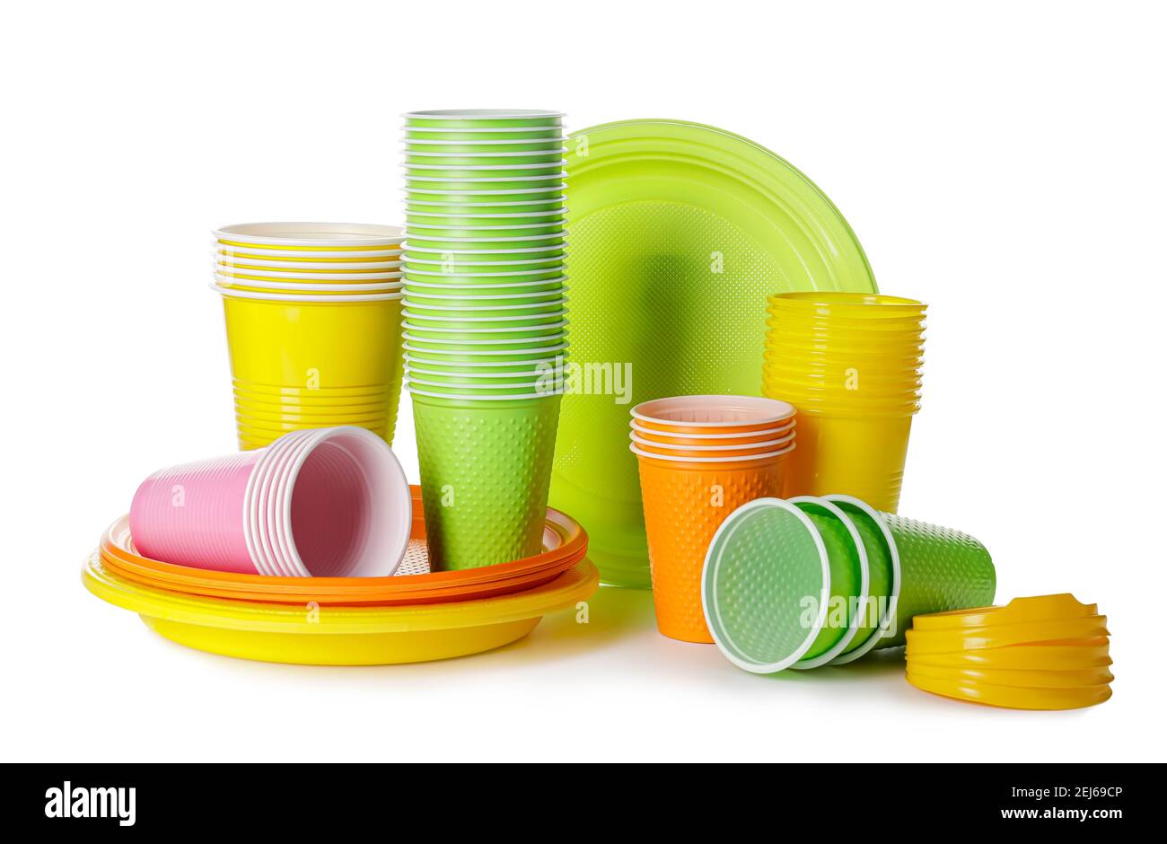 Plastic tableware on white background Stock Photo - Alamy