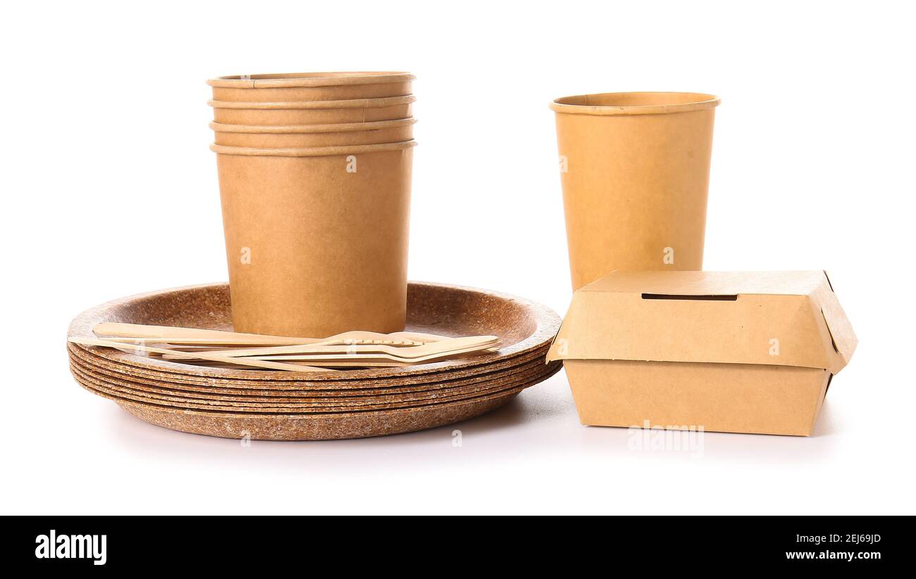 Eco tableware and container on white background Stock Photo - Alamy