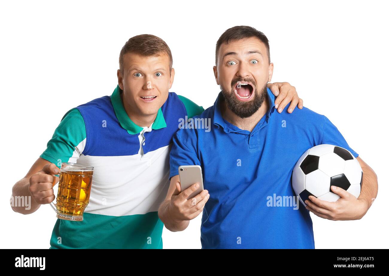 Happy men after winning of their sports bet on white background Stock ...
