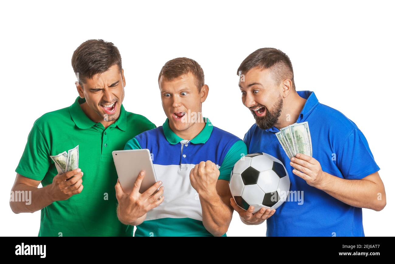 Happy men after winning of their sports bet on white background Stock ...
