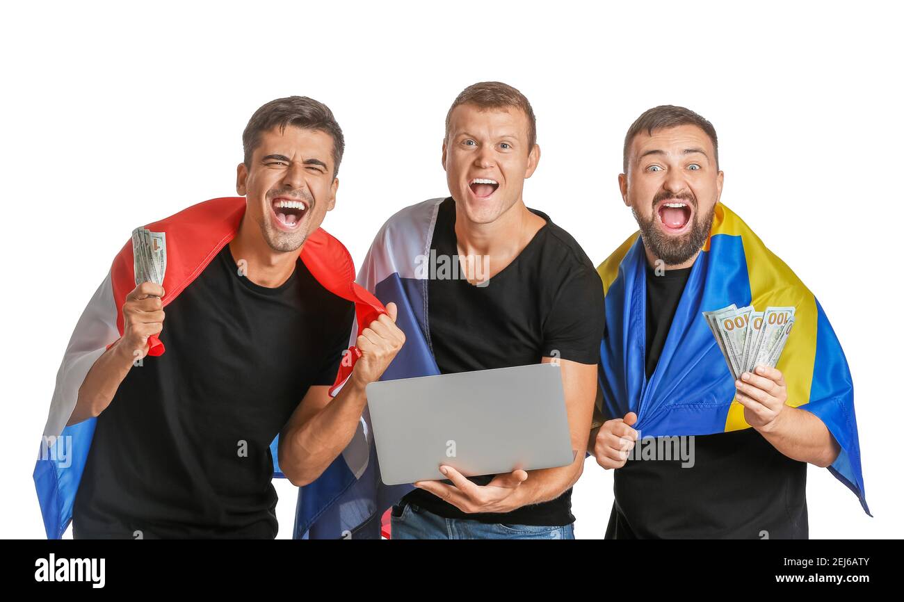 Happy men after winning of their sports bet on white background Stock ...