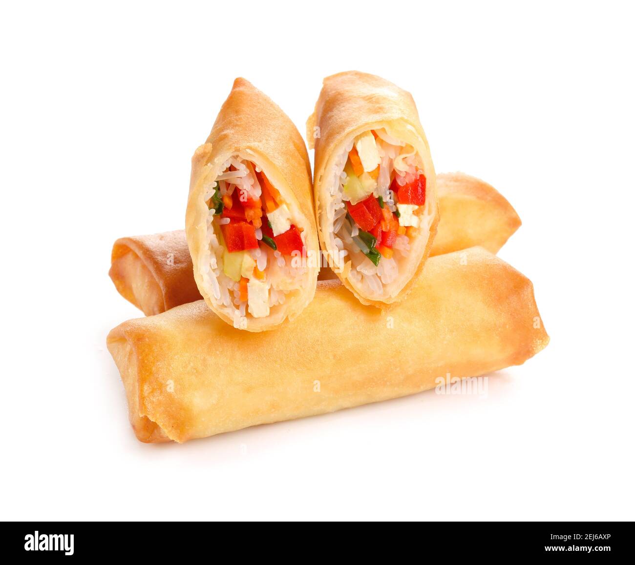 Tasty fried spring rolls on white background Stock Photo - Alamy
