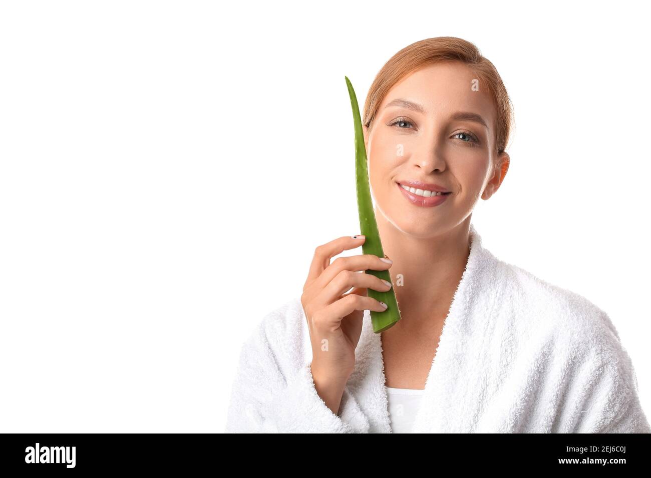Beautiful young woman with aloe vera on white background Stock Photo ...