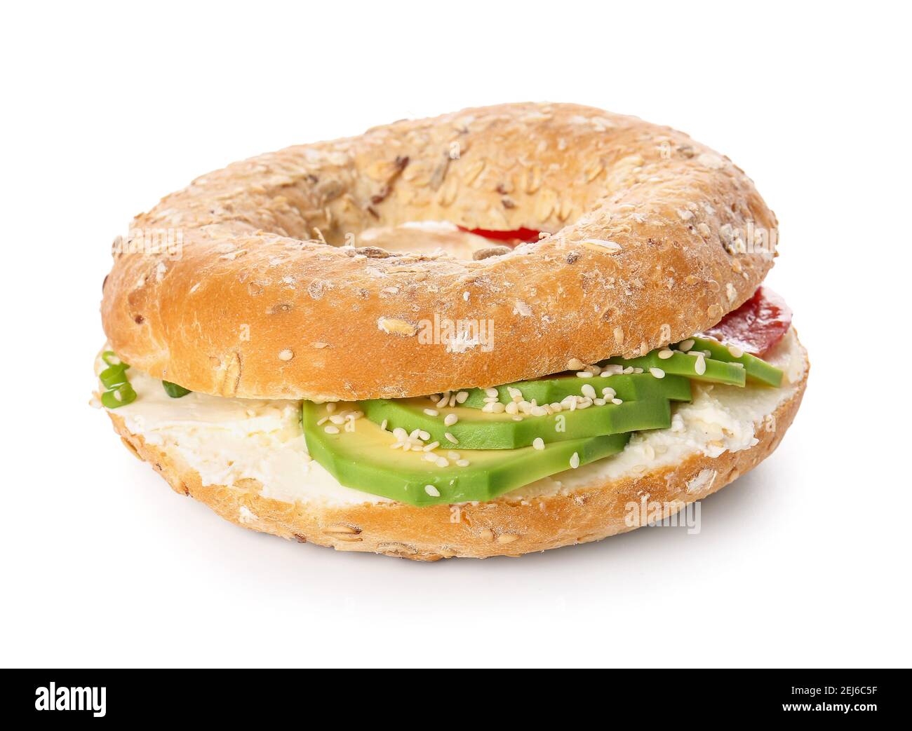 Fresh bagel with tasty cream cheese on white background Stock Photo - Alamy