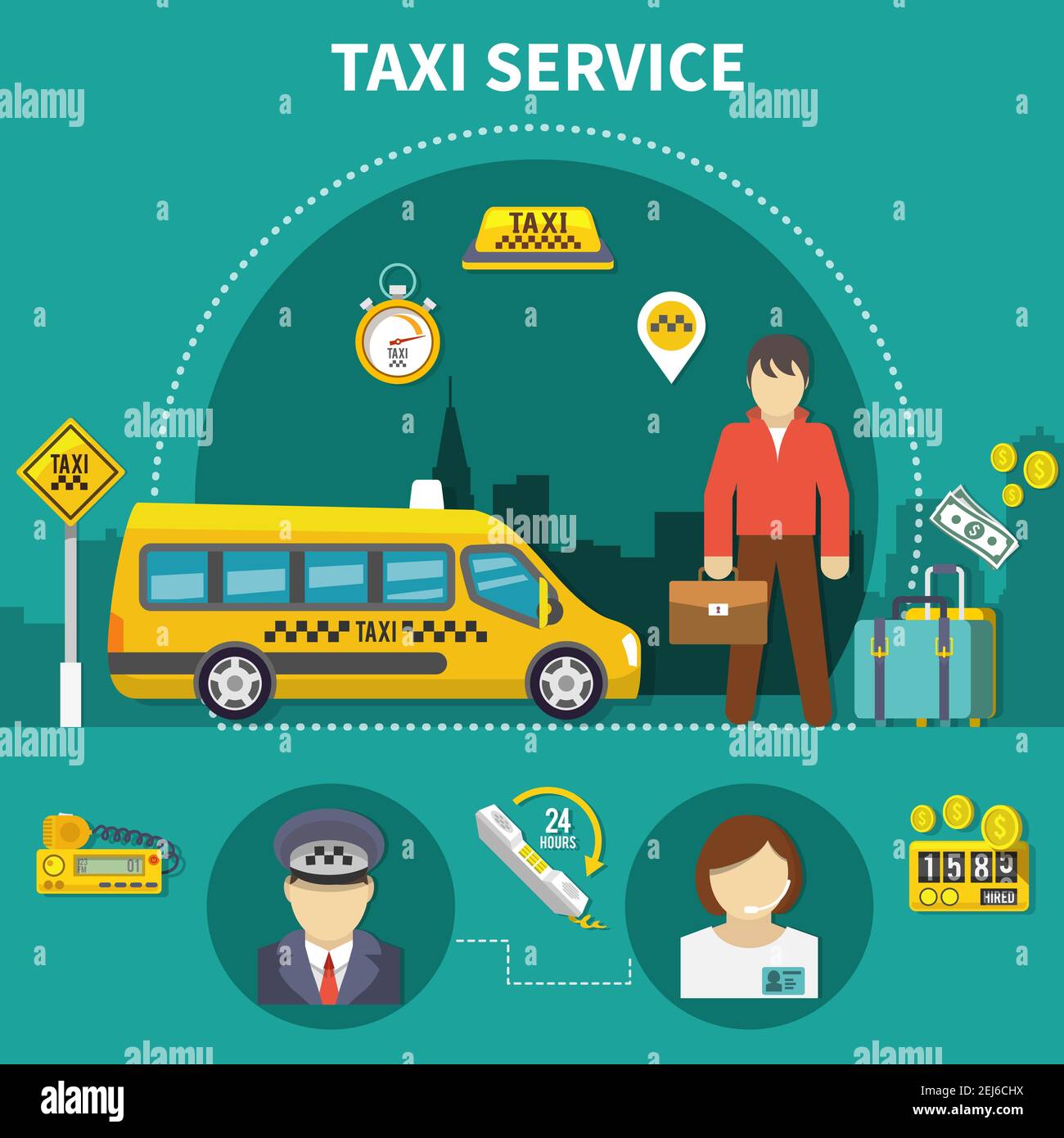 Taxi composition with car hailing service flat images and icons of ...