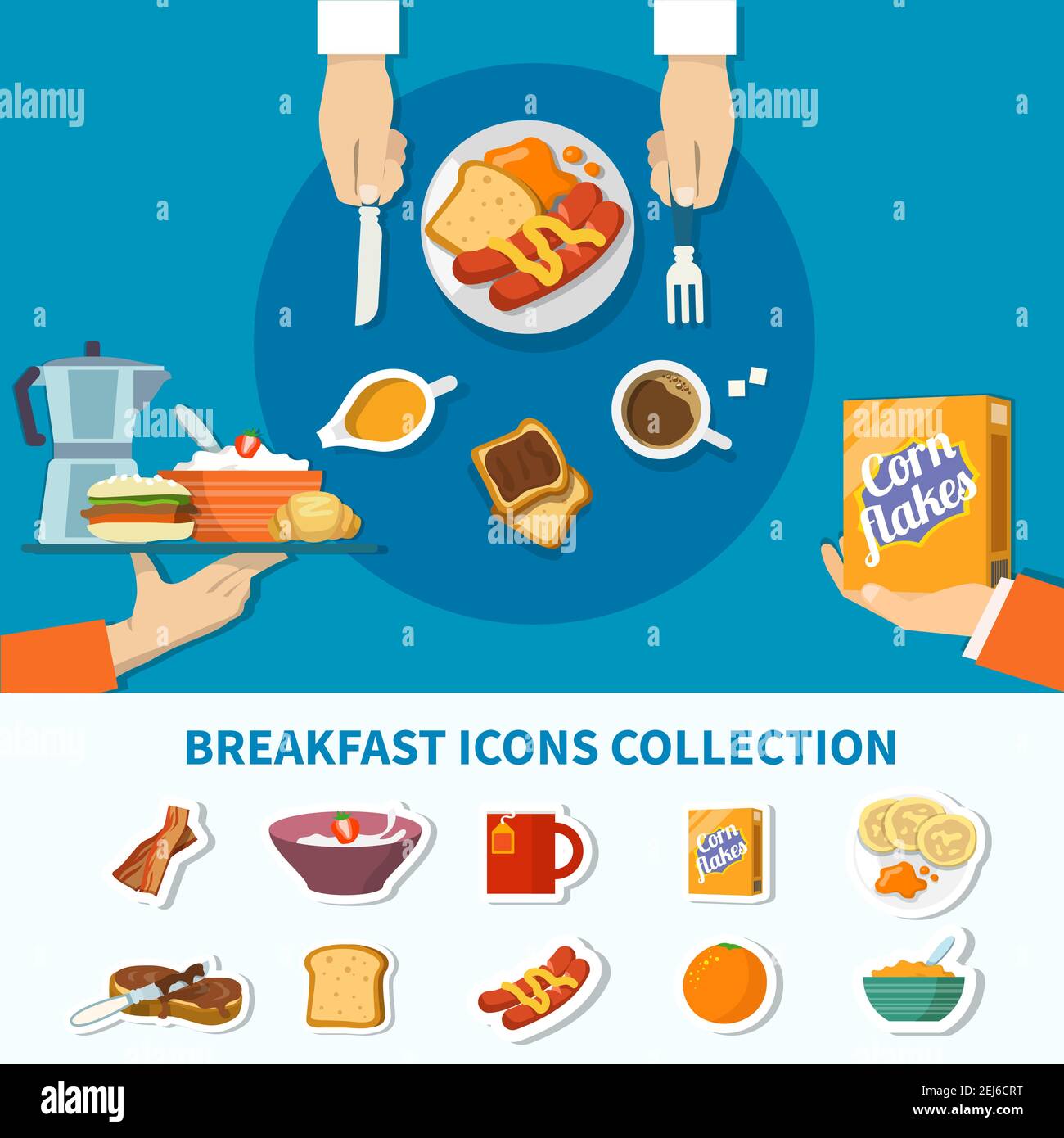 Food and drinks for breakfast flat colorful icons collection with ...