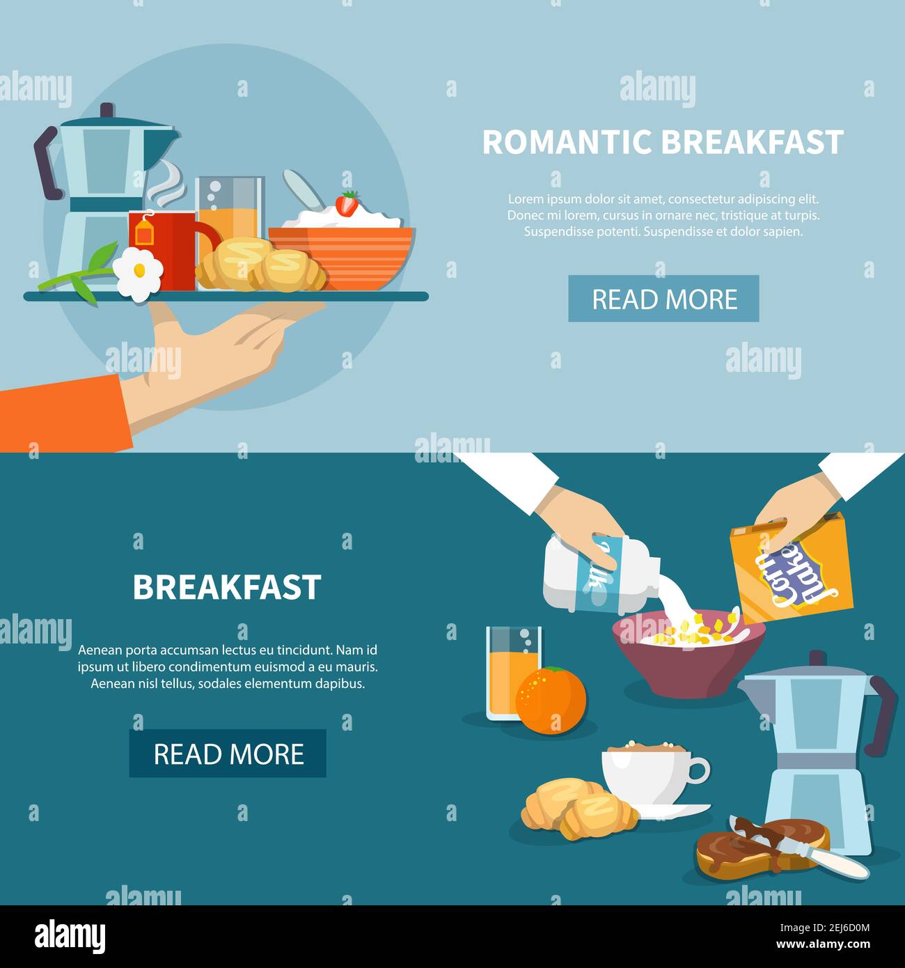 Horizontal banners set with romantic breakfast on tray and process of ...