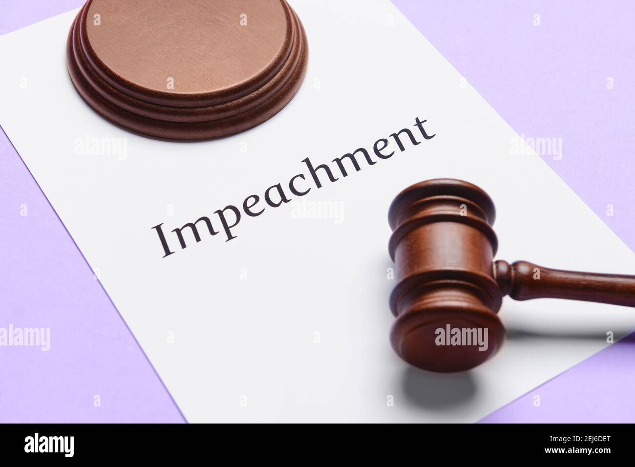 Paper with word IMPEACHMENT and judge gavel on color background Stock ...