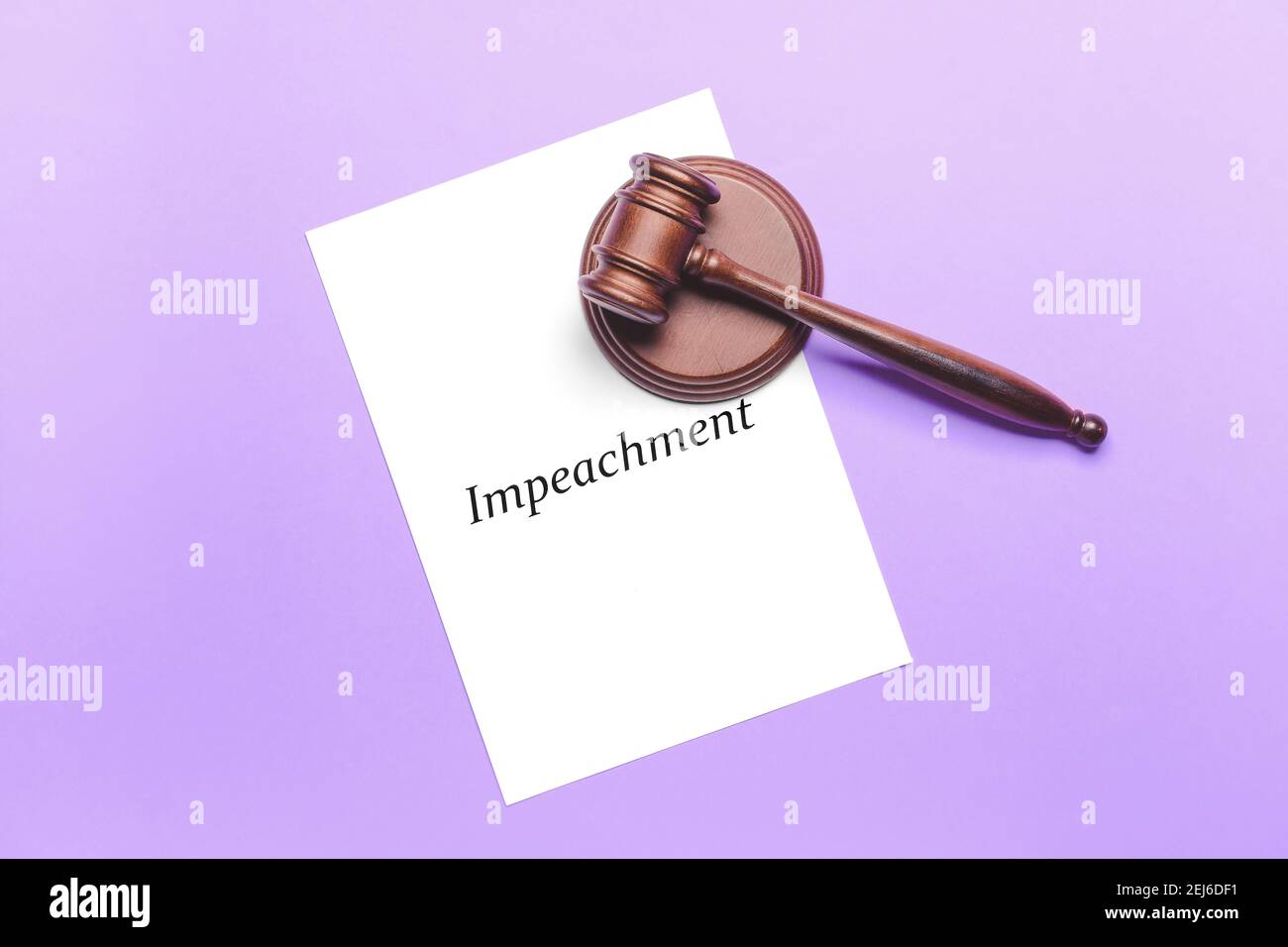 Paper with word IMPEACHMENT and judge gavel on color background Stock ...