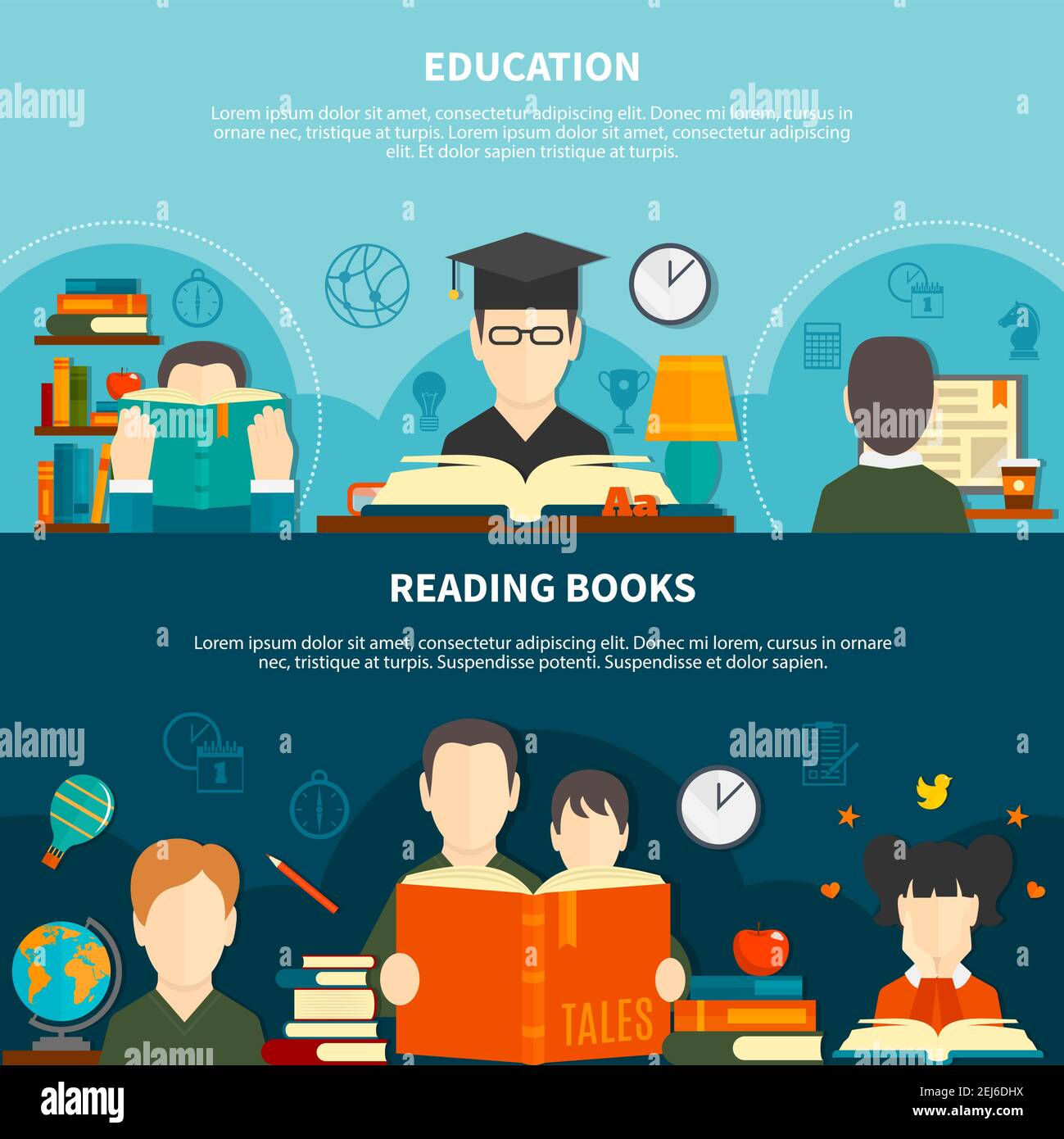Horizontal banners with reading books and educational literature ...