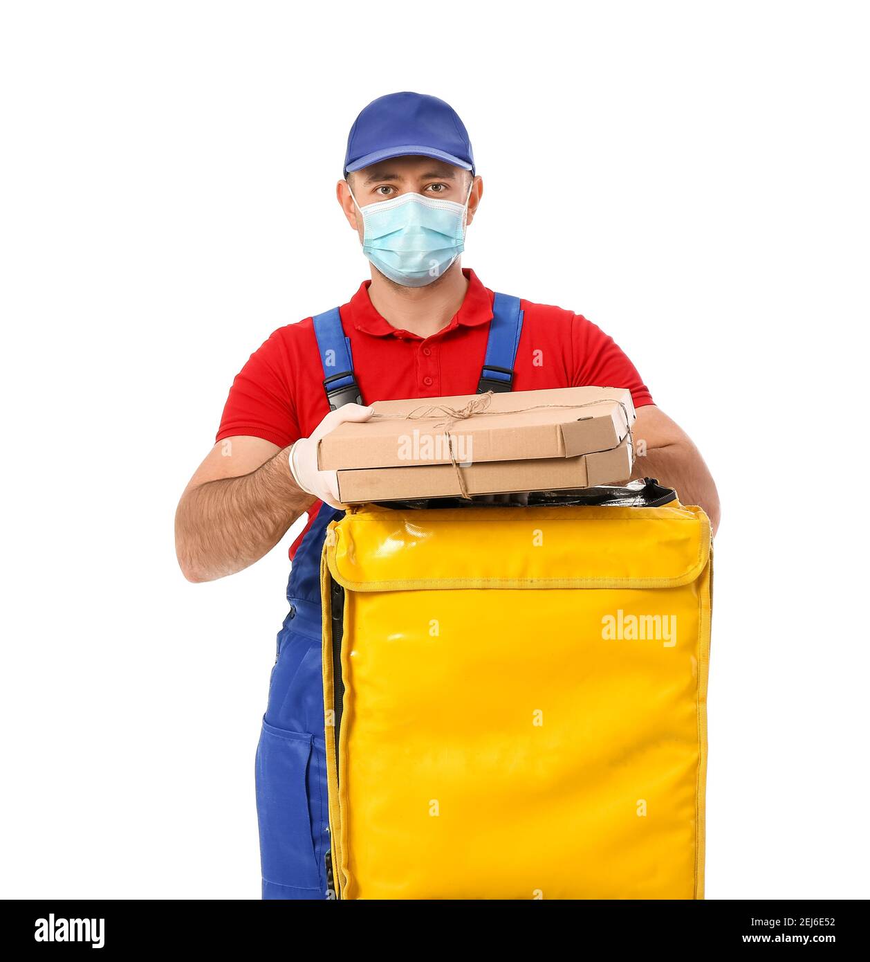 Courier of food delivery service on white background Stock Photo - Alamy