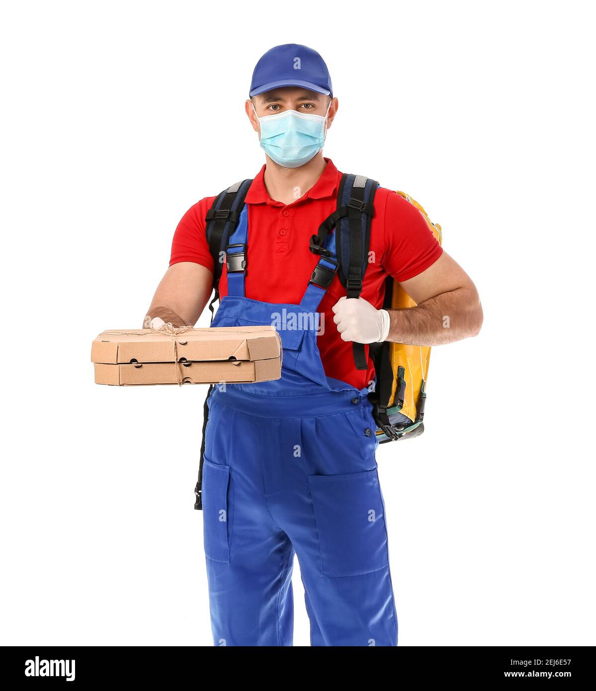 Courier of food delivery service on white background Stock Photo - Alamy