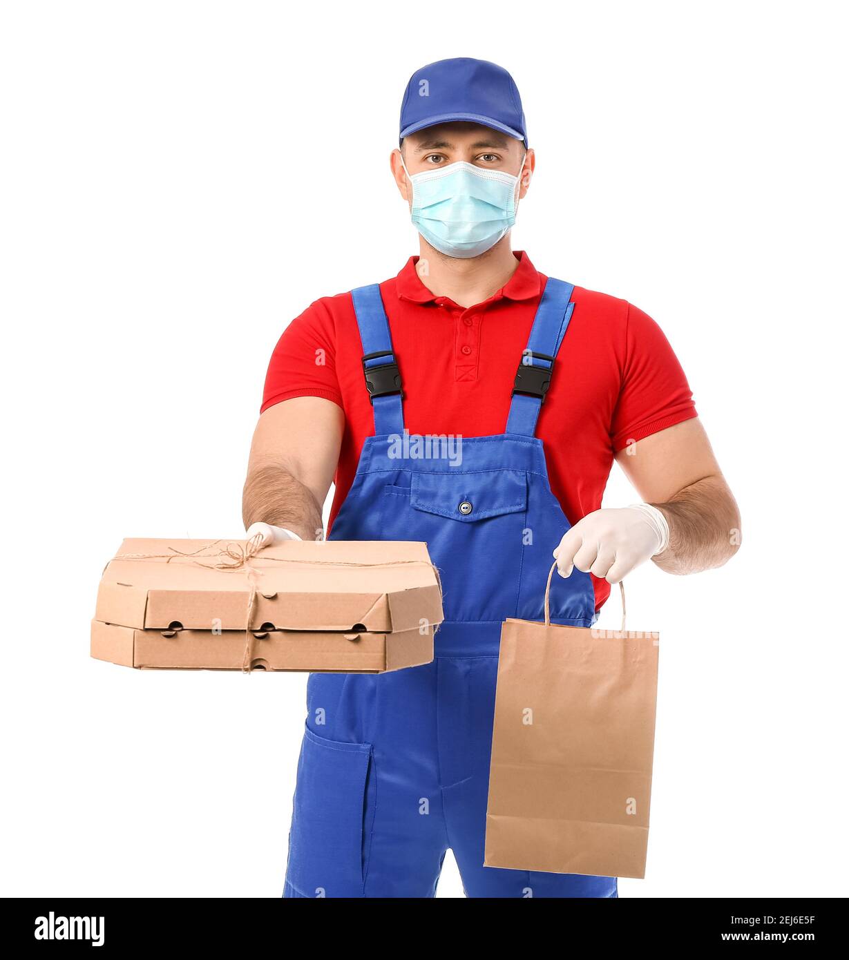 Courier of food delivery service on white background Stock Photo - Alamy