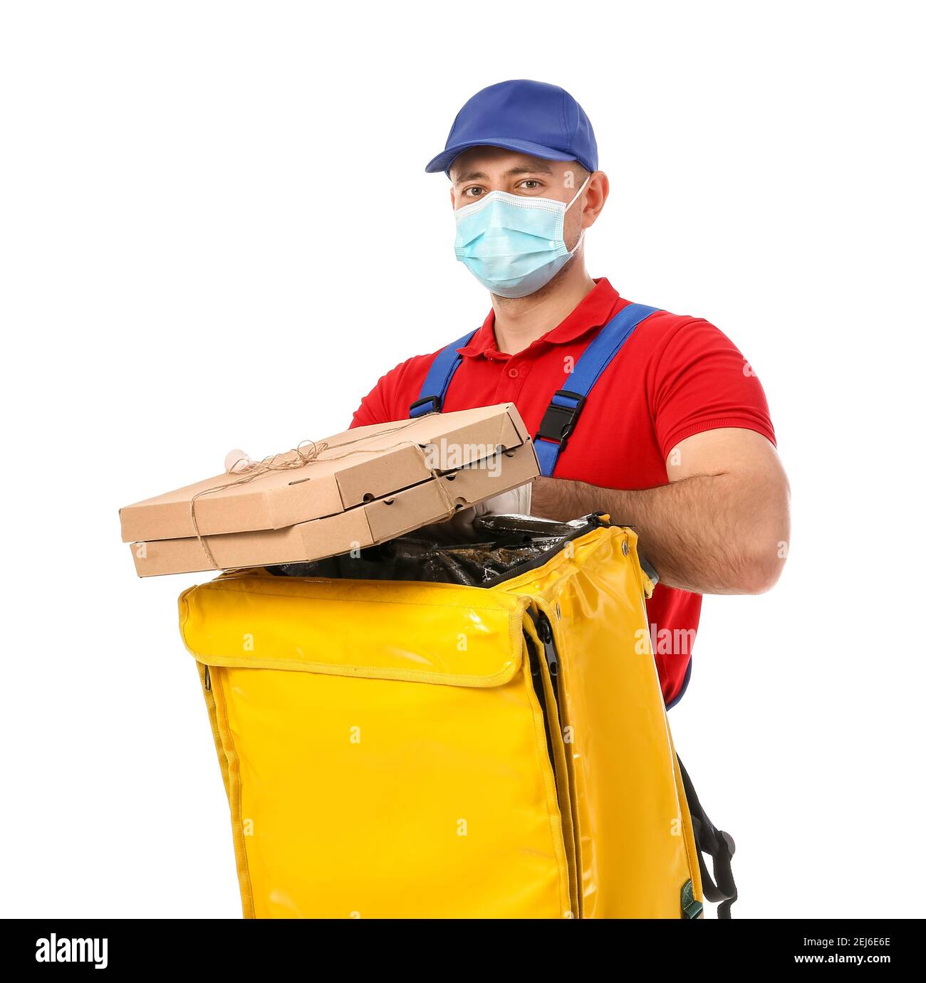 Courier of food delivery service on white background Stock Photo - Alamy