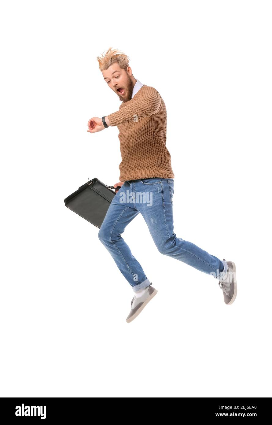 Jumping man with briefcase on white background Stock Photo - Alamy