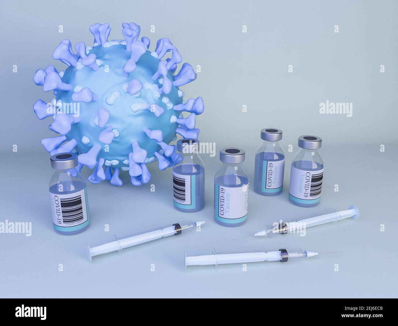 3D Illustration. Covid-19 virus with vaccines and syringes Stock Photo ...
