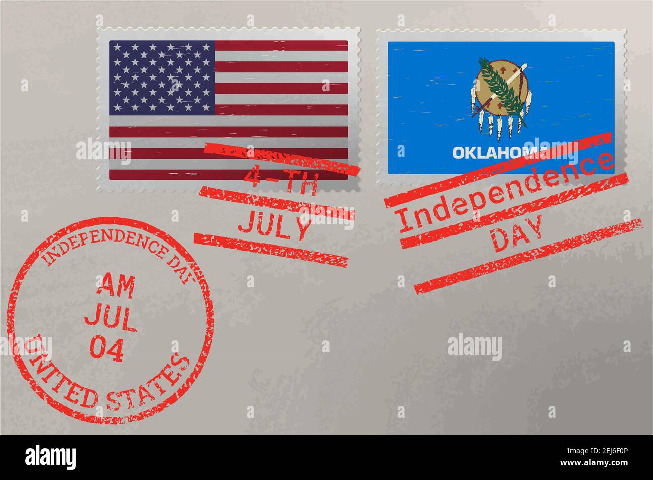 Postage stamp envelope with Oklahoma and USA flag and 4-th July stamps ...