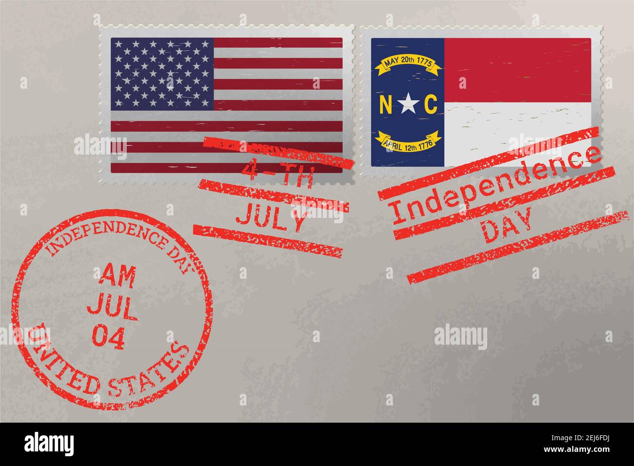 Postage stamp envelope with North Carolina and USA flag and 4-th July ...