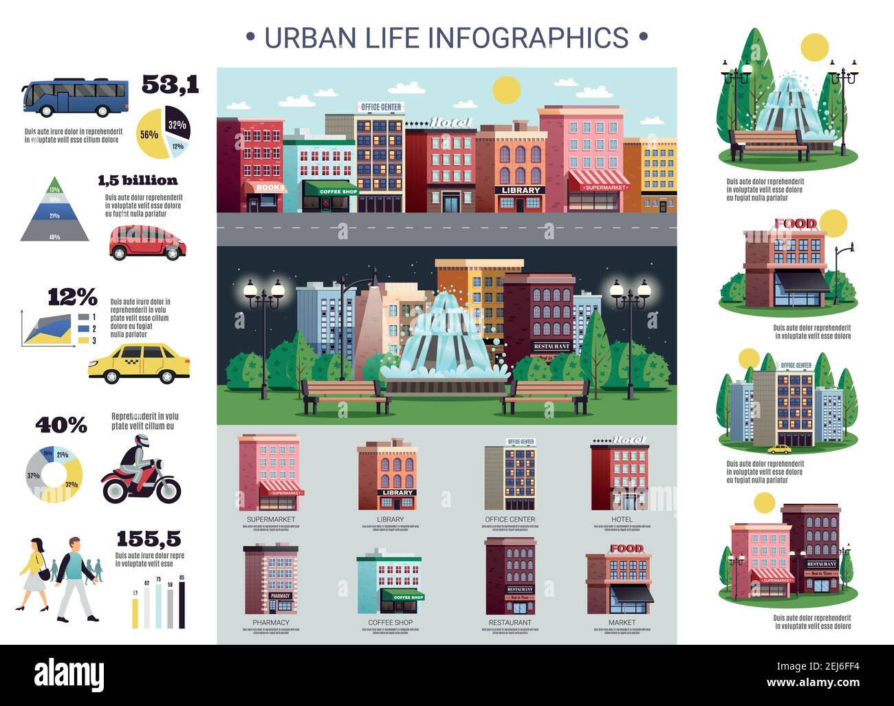 Urban life infrastructure elements colorful infographic poster with ...