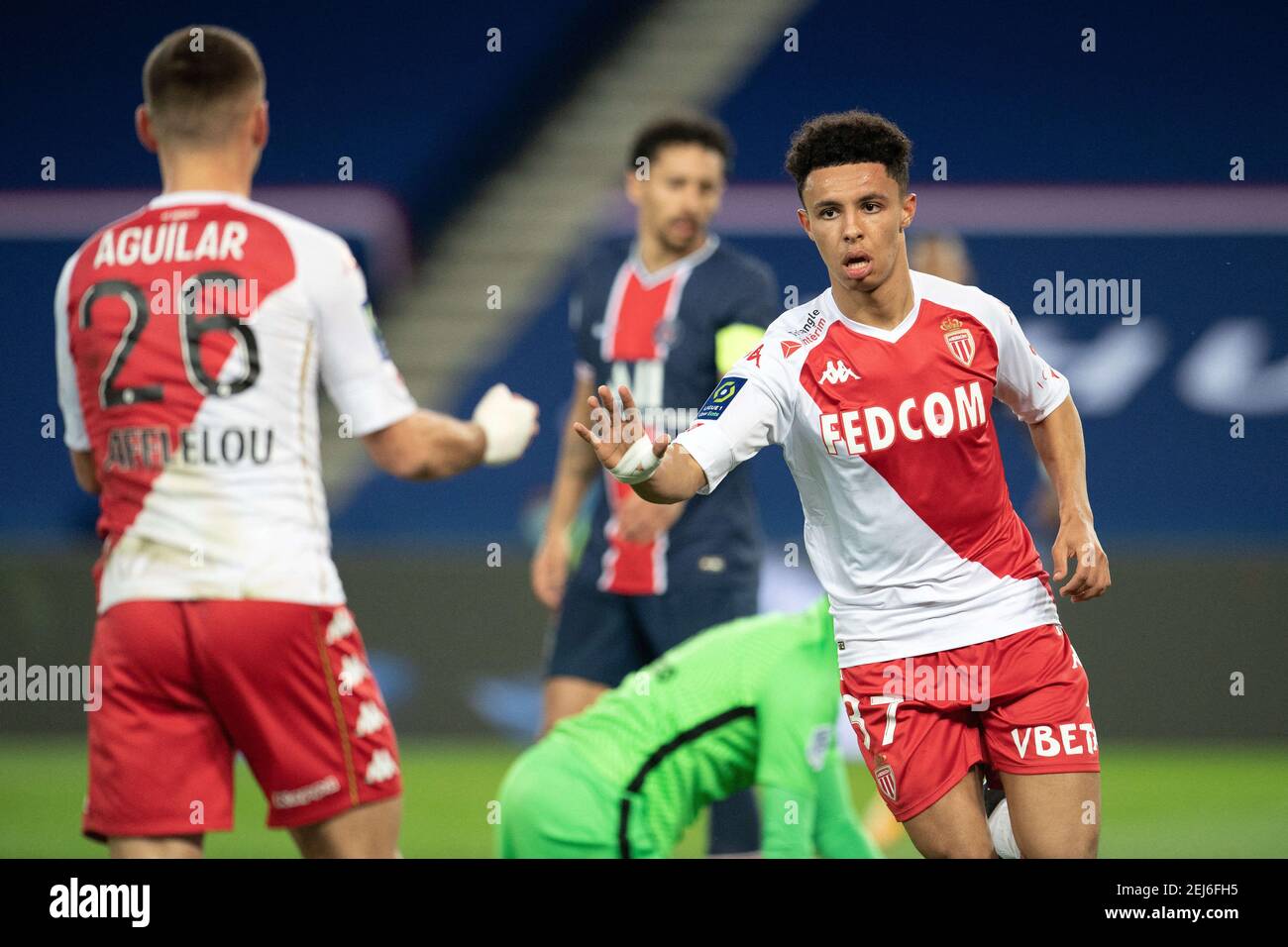 Paris, France. 22nd Feb, 2021. Sofiane Diop of AS Monaco celebrates his ...