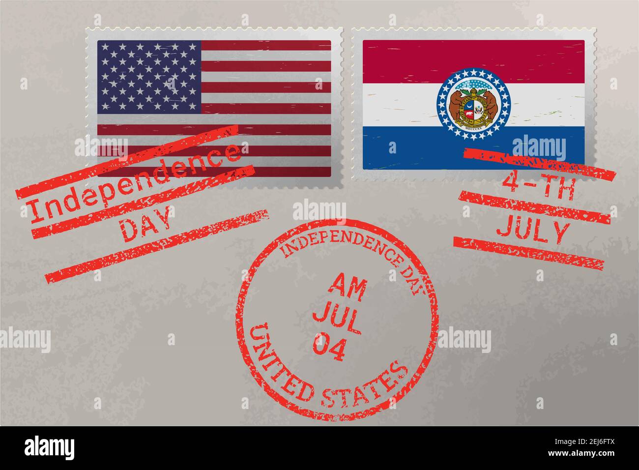 Postage stamp envelope with Missouri and USA flag and 4-th July stamps ...