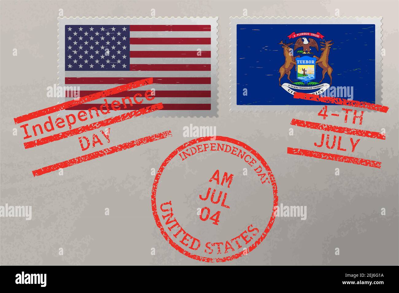Postage stamp envelope with Michigan and USA flag and 4-th July stamps ...